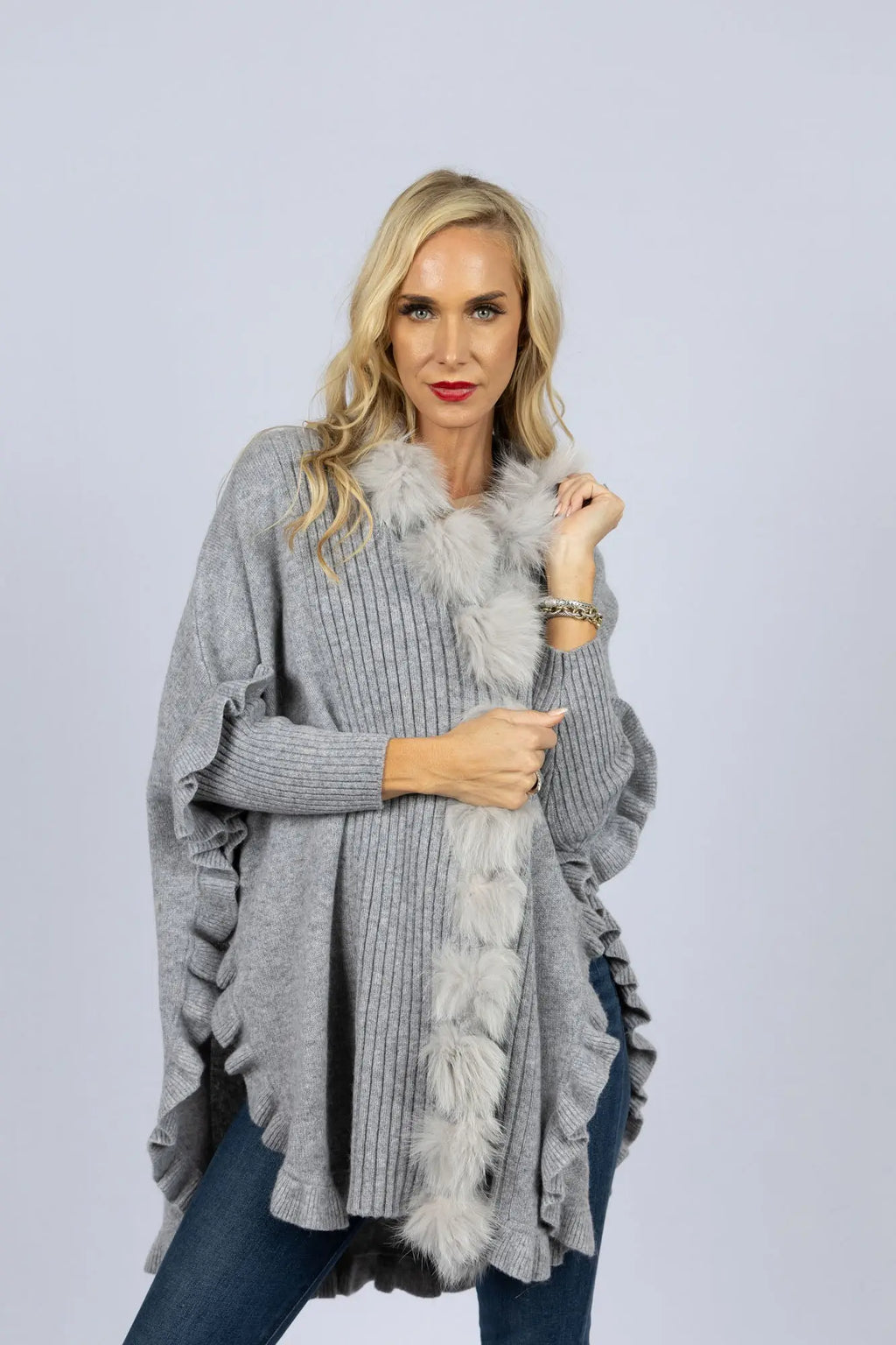 Knit Wrap with Fox Pieces & Ruffles on Sleeves – LaBelle Since 1919