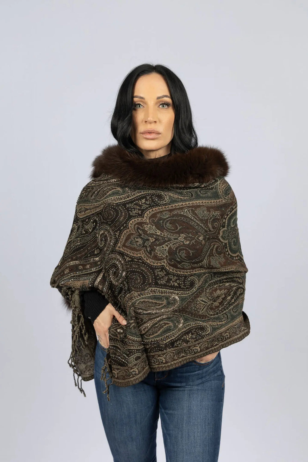 Brown Woven Shawl with Paisley Design, Crystals, Embroidery, and Fox ...