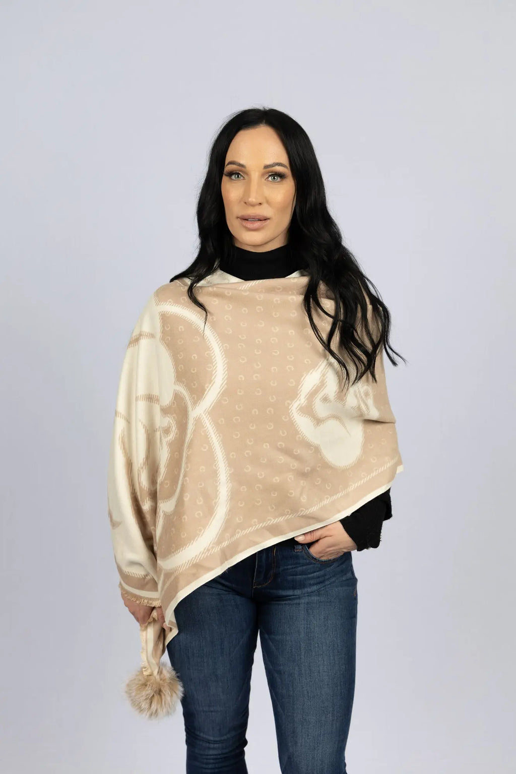 Wide Woven Scarf with Maxi Floral Print with Fox Poms – LaBelle Since 1919