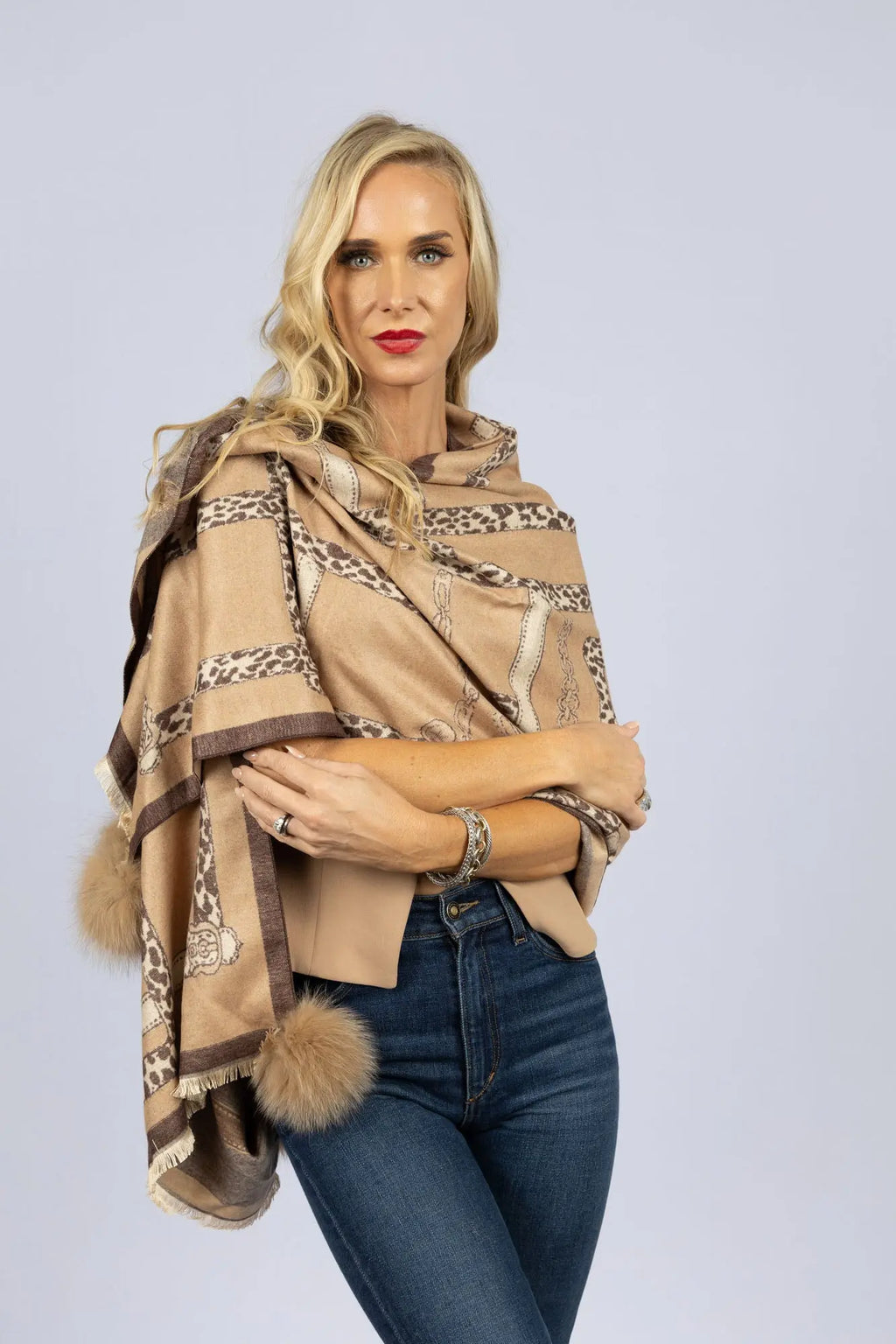 Woven Scarf with Animal Print and Belt Design with Fox poms – LaBelle ...